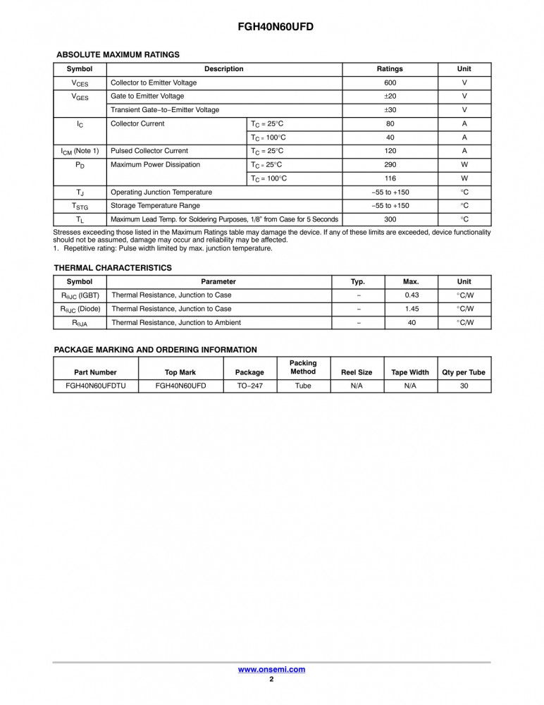 FGH40N60UFDTU datasheet page 2