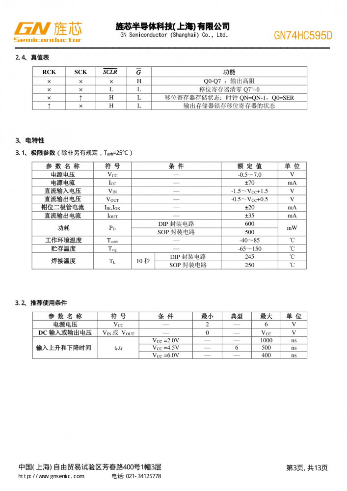 GN74HC595D datasheet page 3
