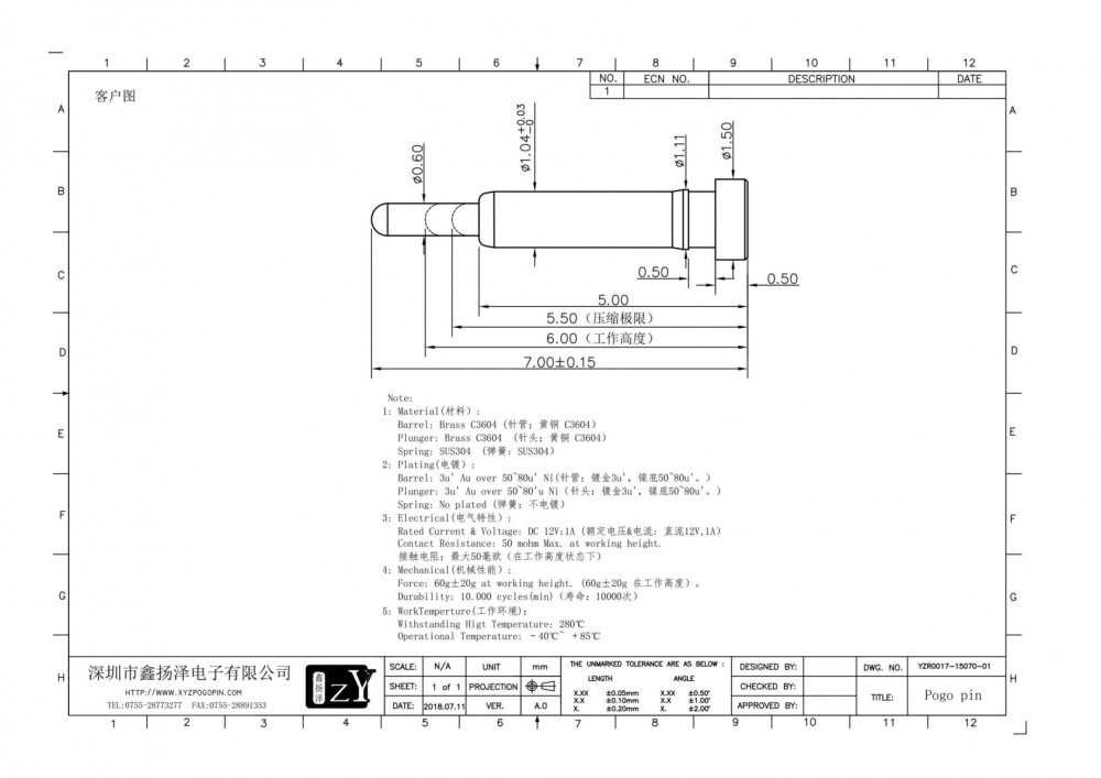 YZR0017-15070-01 packaging specification