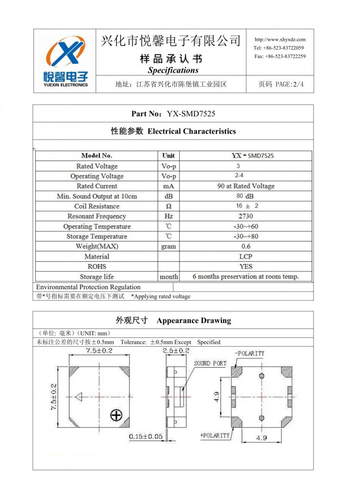YX-SMD7525P specification page 2