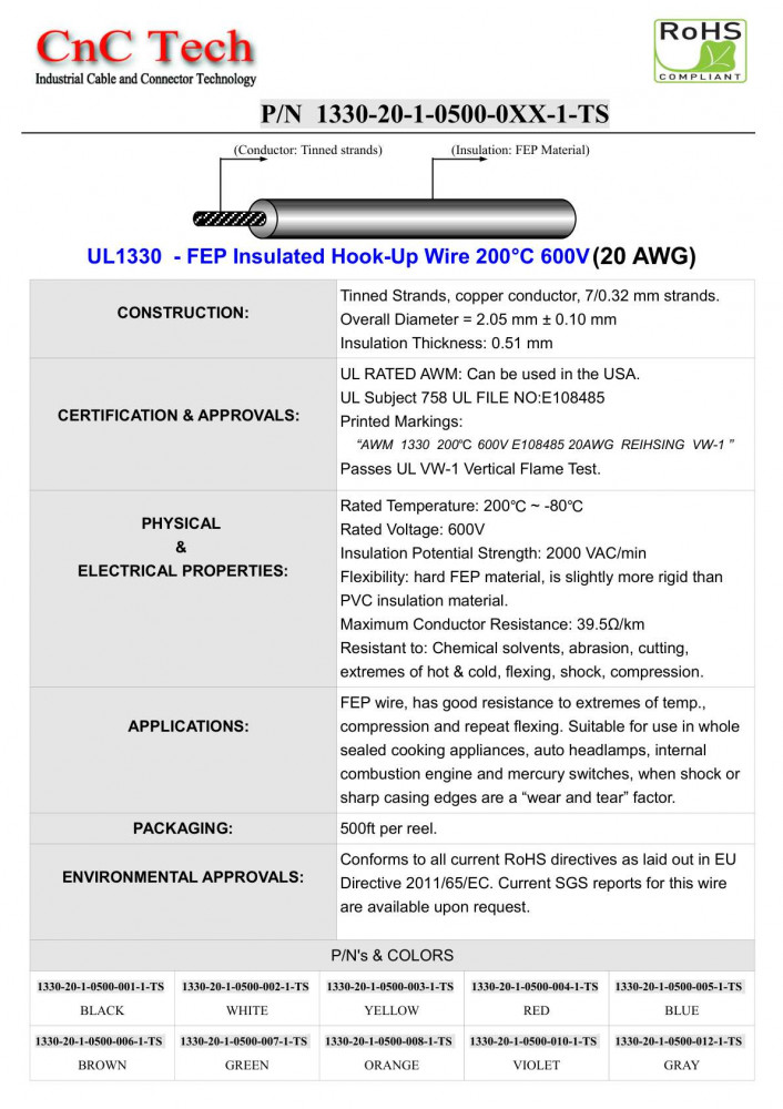 CNC Tech UL 1330 FEP hook-up wire technical document