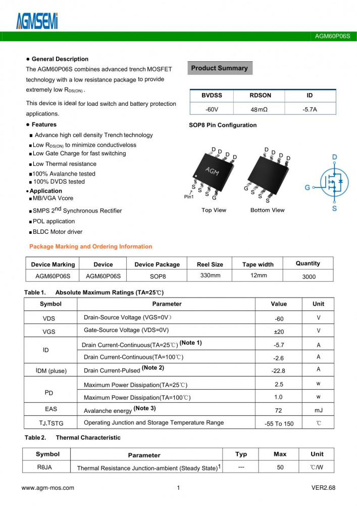 AGM60P06S datasheet page 1