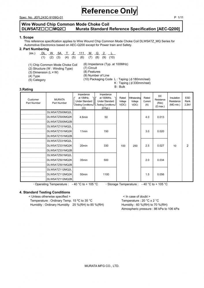 DLW5ATZ500MQ2L specification page 1