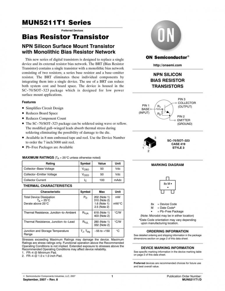 MUN5233T1 datasheet page 1