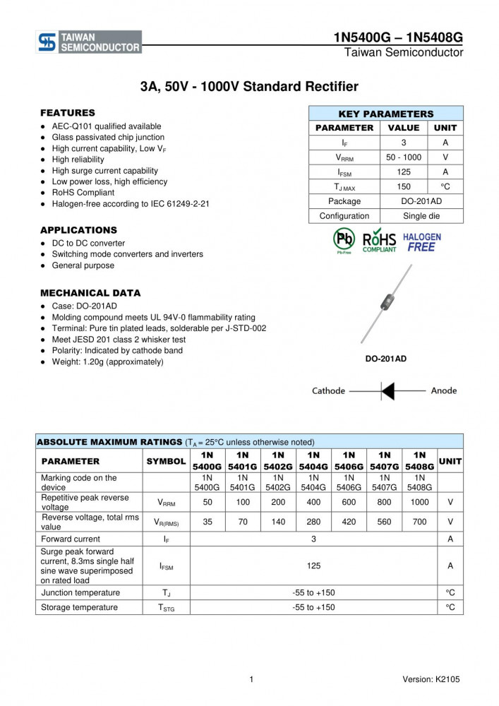 1N5402G technical document page 1
