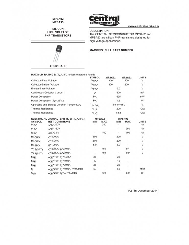 Central MPSA92 datasheet page 1