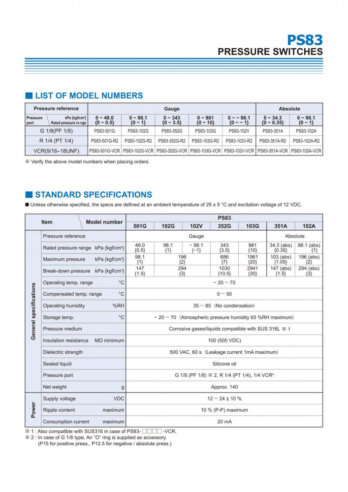 PS83 pressure switch technical document, page 2