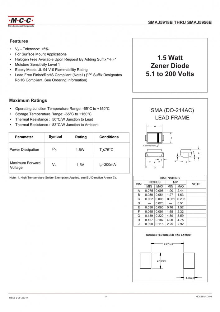 MCC SMAJ5934B-TP datasheet page 1