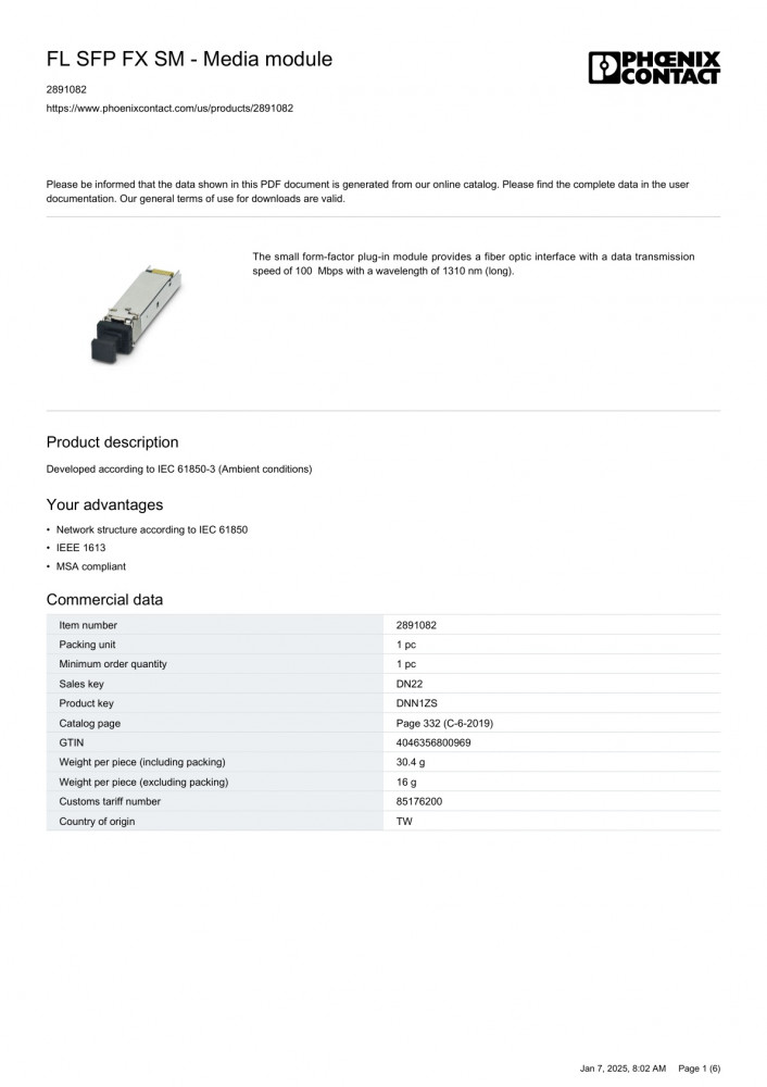 Phoenix Contact 2891082 technical document page 1