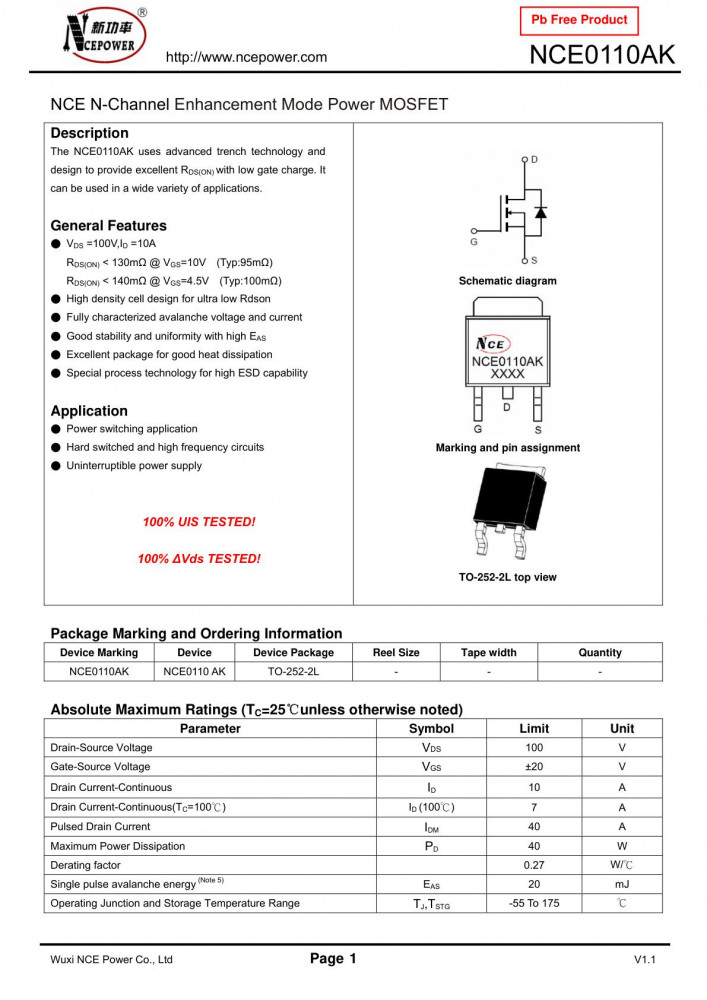 NCE0110AK datasheet page 1