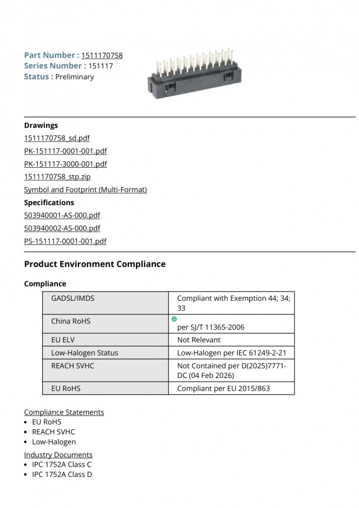 MOLEX 151117 product specification page 1