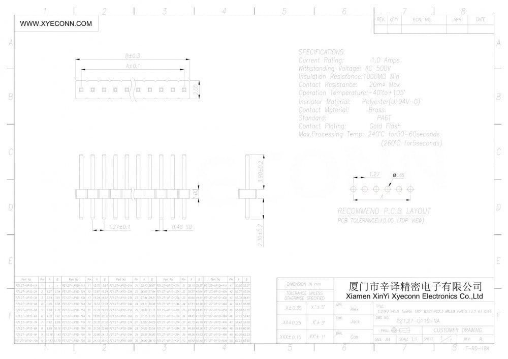 XYECONN PZ1.27-UP1D-16A technical document preview