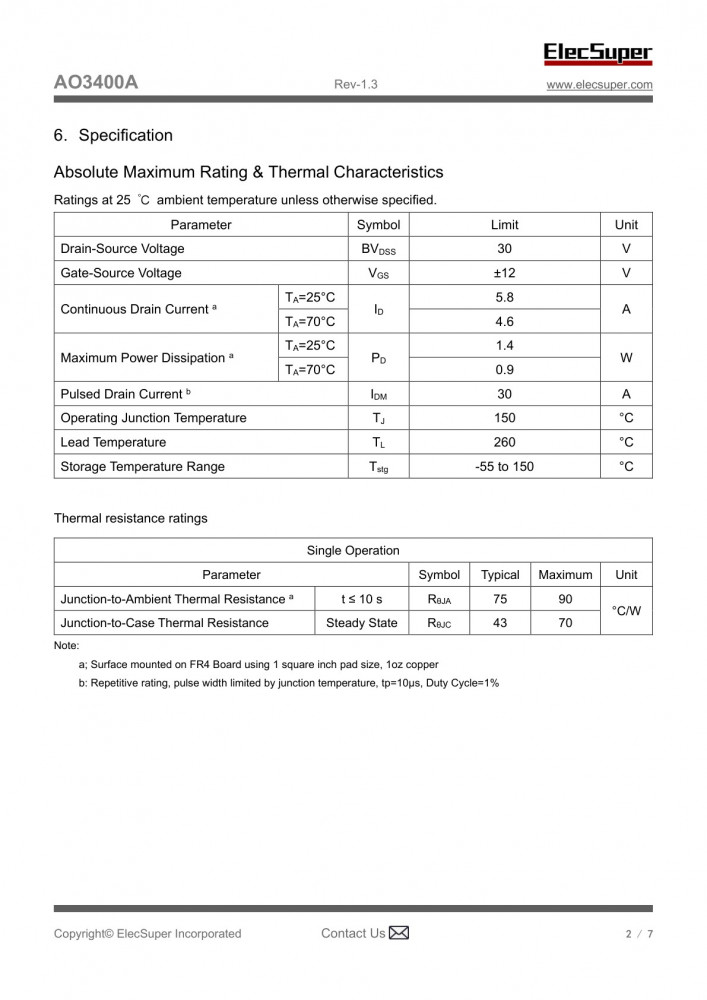 AO3400A datasheet page 2