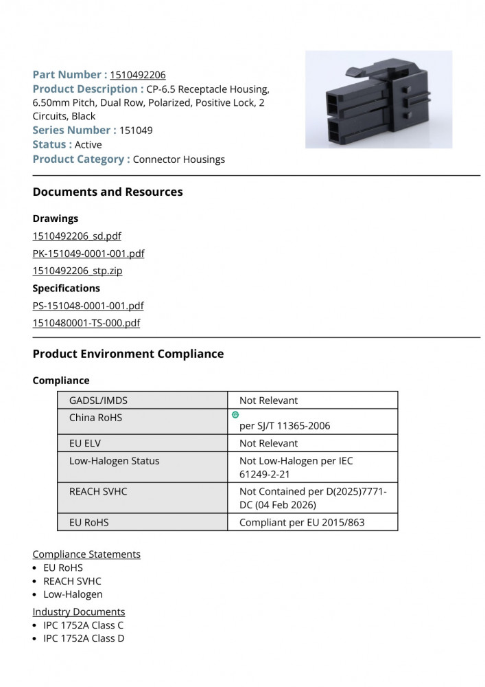 Molex CP 6.5 mm connector system technical specification, page 1
