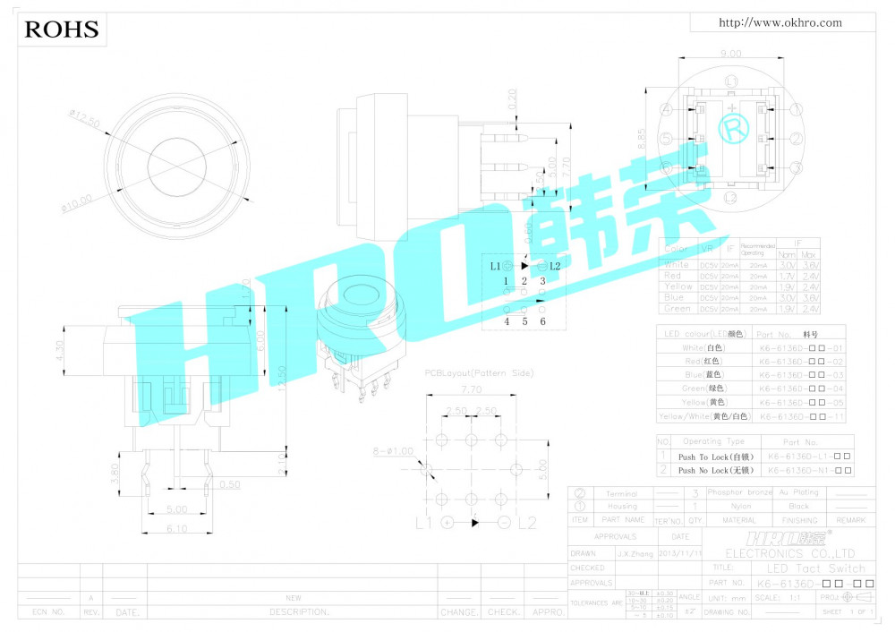 K6-6136D LED tact switch technical drawing