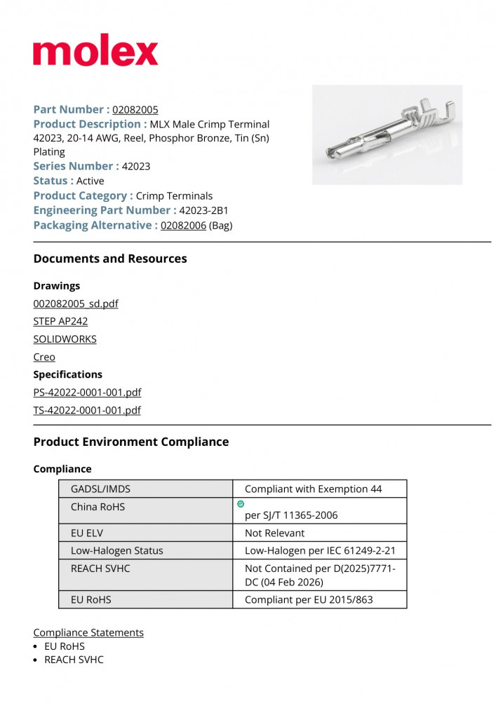 MOLEX connector family product specification, page 1