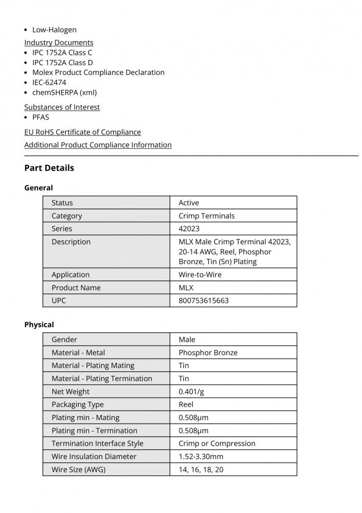 MOLEX connector family product specification, page 2
