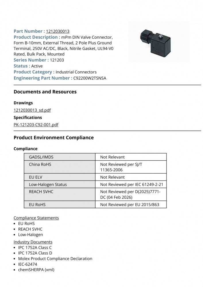 Molex C92 DIN valve connector packaging document, page image 1