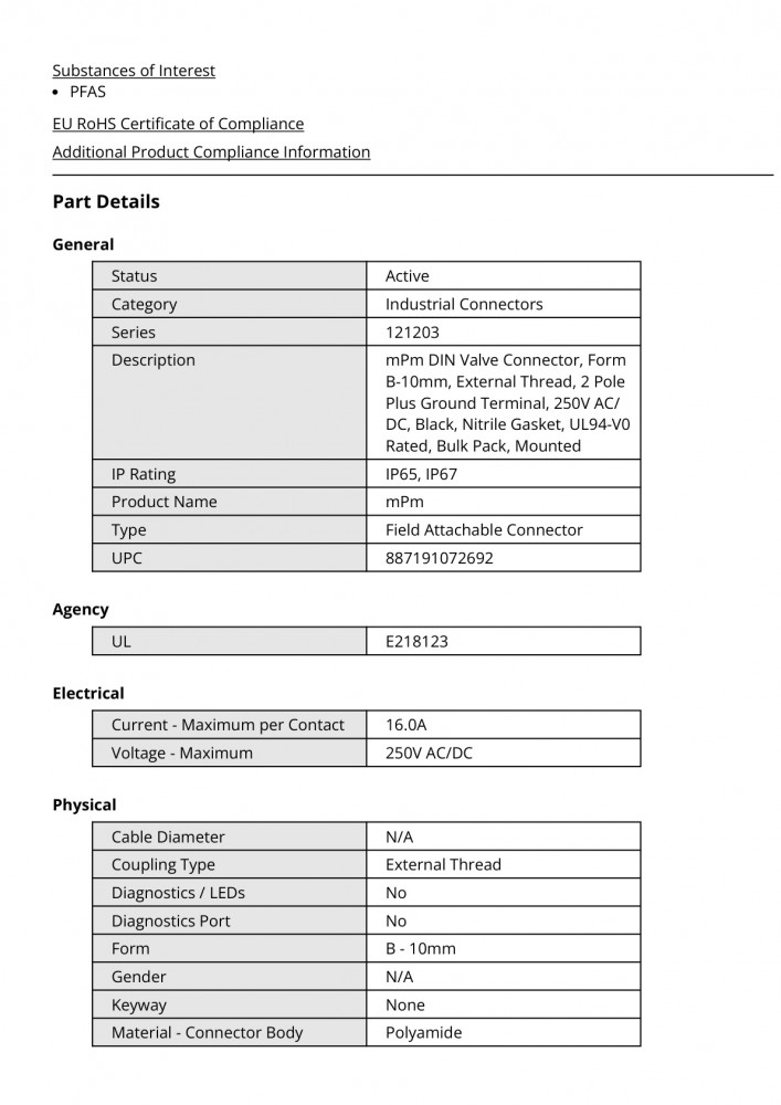 Molex C92 DIN valve connector packaging document, page image 2