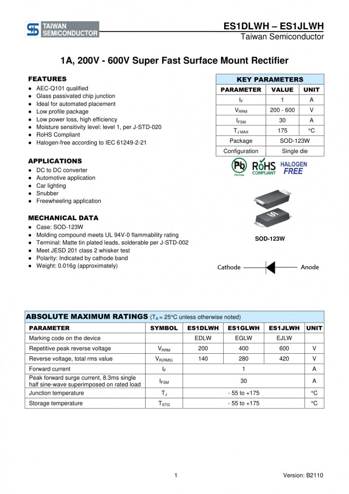 ES1GLWH technical document page 1