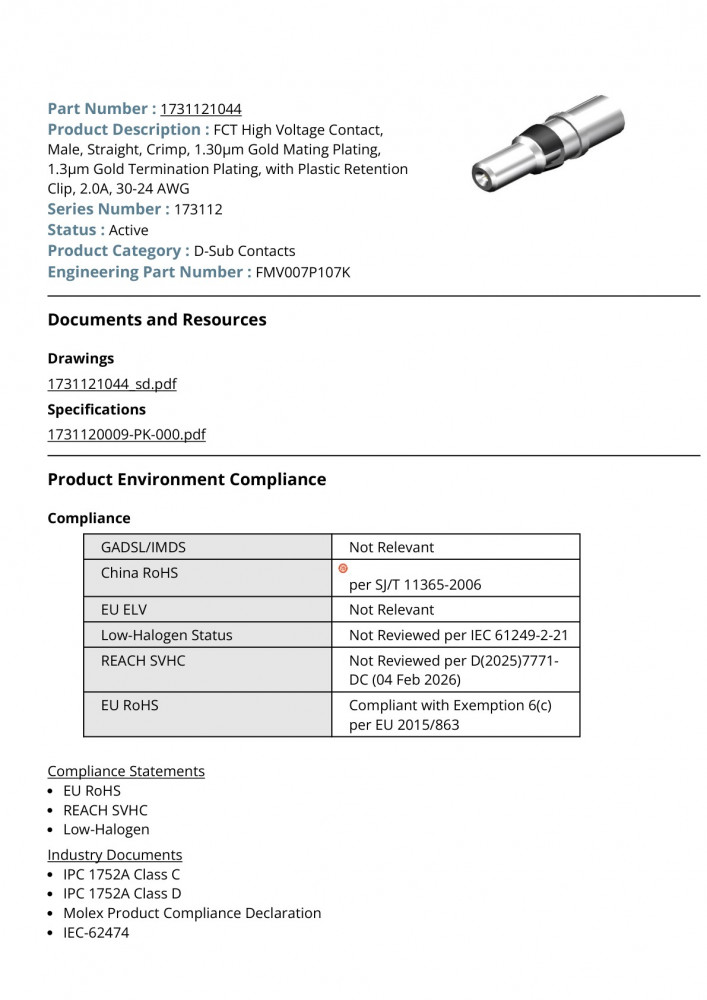 MOLEX 1731121044 technical document preview, page 1