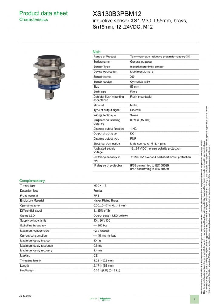XS130B3PBM12 technical document page 1