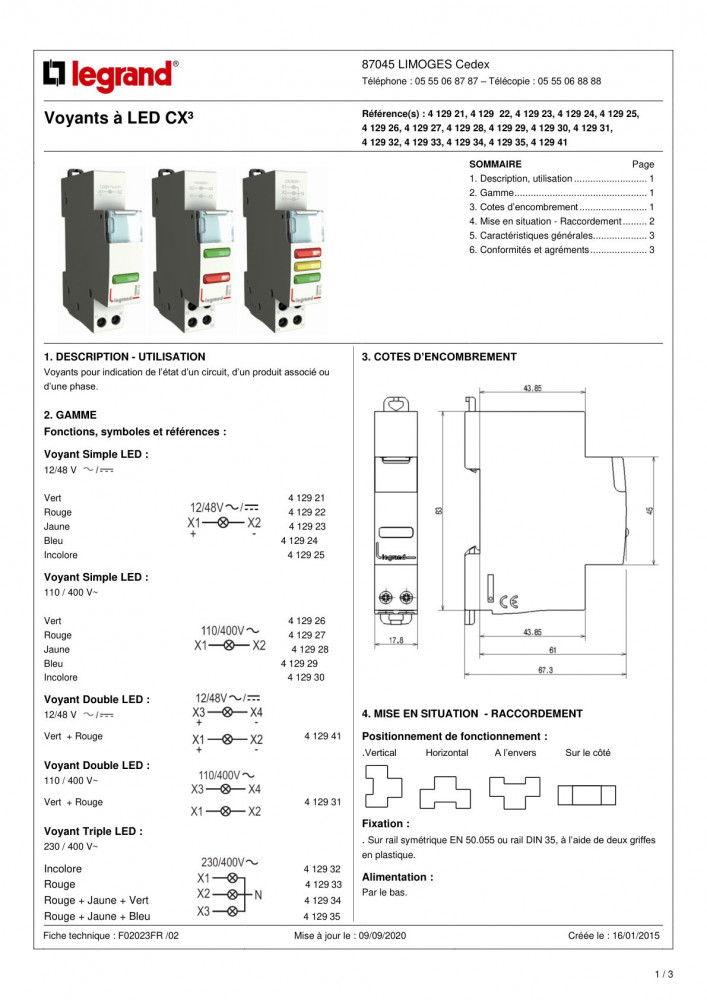 Legrand CX³ LED indicator technical document, page 1
