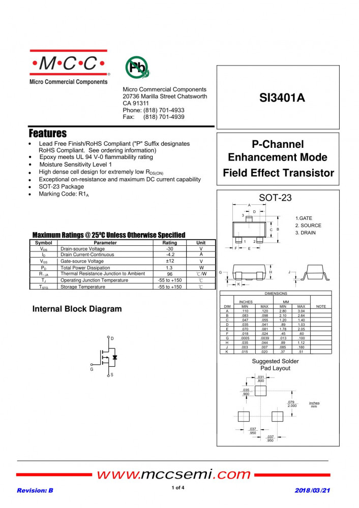 SI3401A-TP datasheet page 1