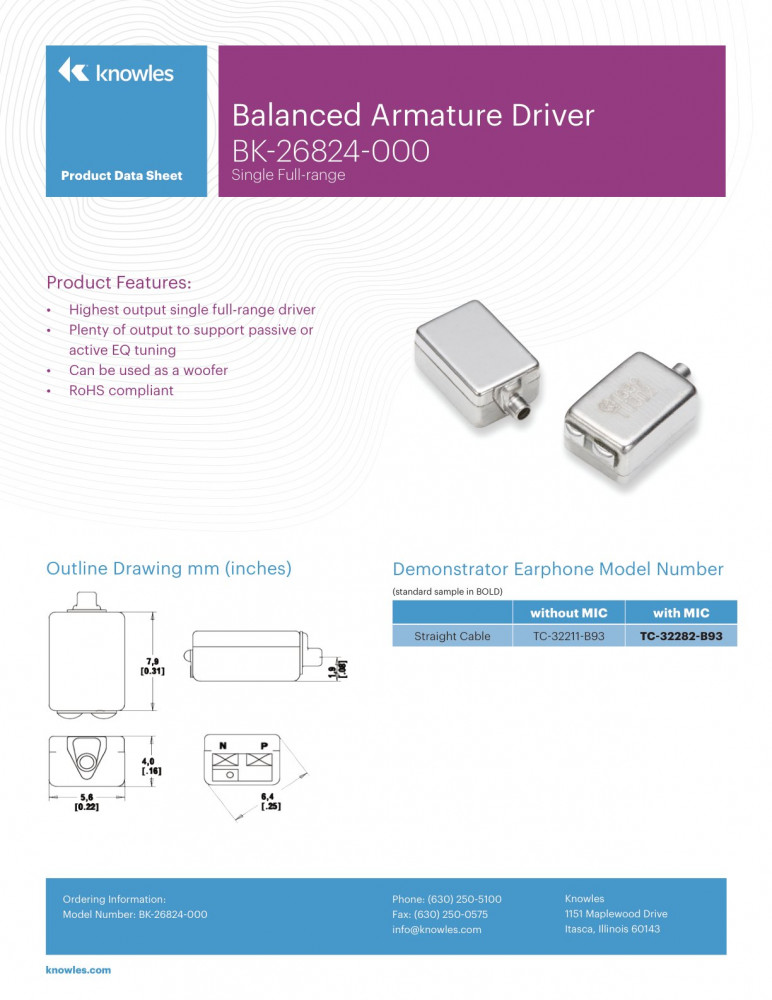 Knowles BK-26824-000 product data sheet page 1