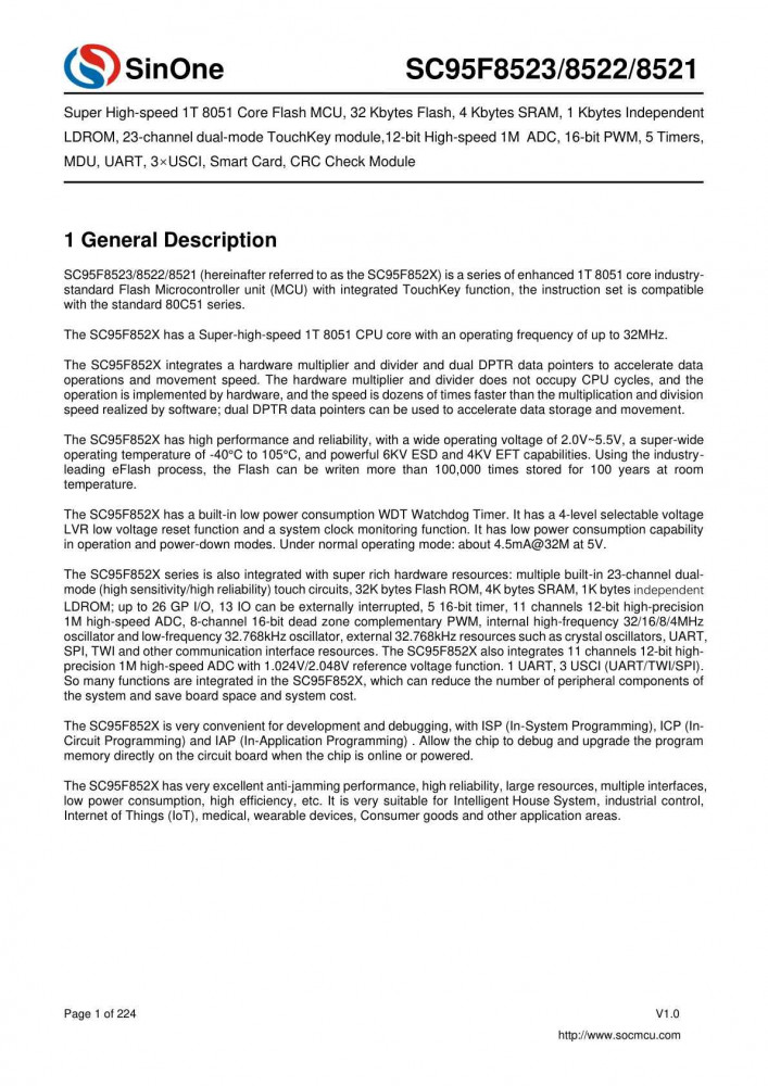 SC95F852X datasheet preview, page 1