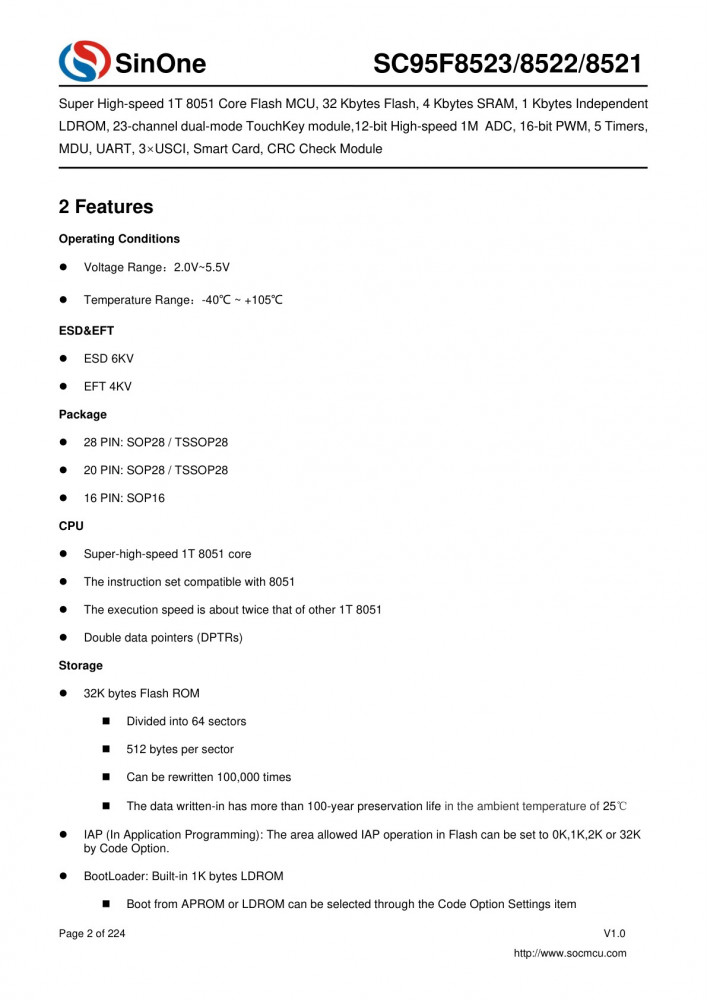SC95F852X datasheet preview, page 2