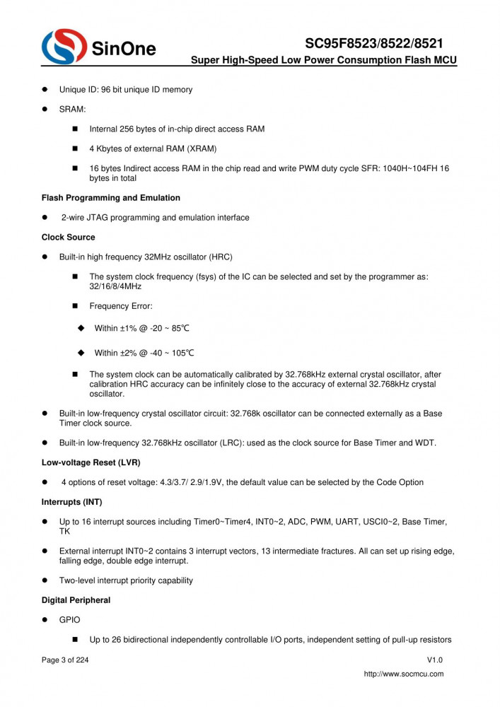 SC95F852X datasheet preview, page 3