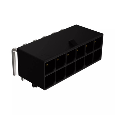 Mega-Fit Right-Angle Header, 5.70mm Pitch, Through Hole, Dual Row, 2 Circuits, 0.38µm Gold (Au) Plating, 3.60mm Tail Length, Glow-Wire Capable, Tape and Reel, Black