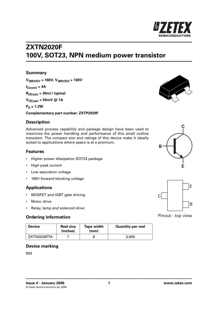 ZXTN2020FTA datasheet page 1