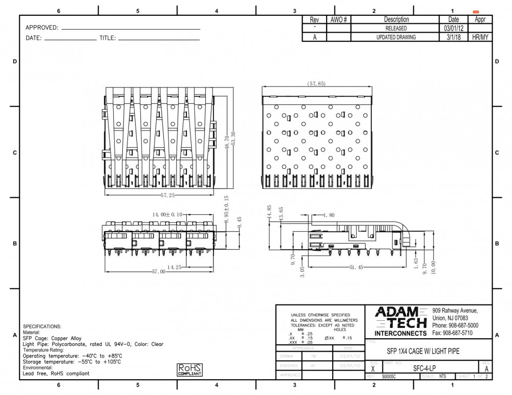 ADAM TECH SFC-4-LP SFP 1×4 cage with light pipe drawing, page 1
