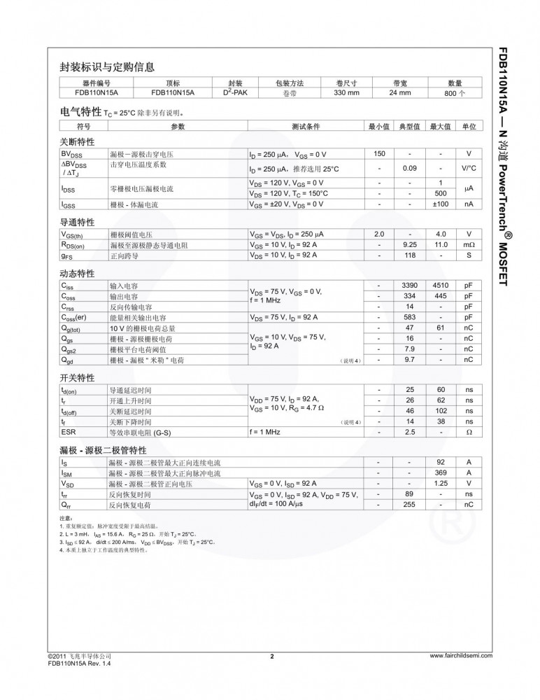FDB110N15A datasheet page 3