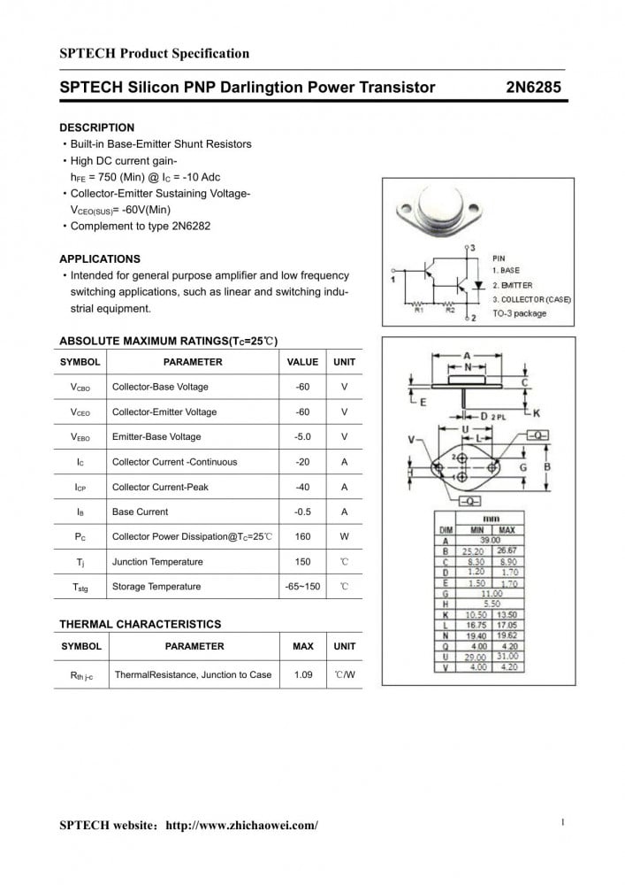 2N6285 SPTECH datasheet page 1