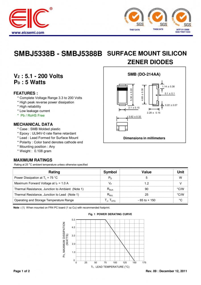 EIC SMBJ5338B to SMBJ5388B datasheet page 1