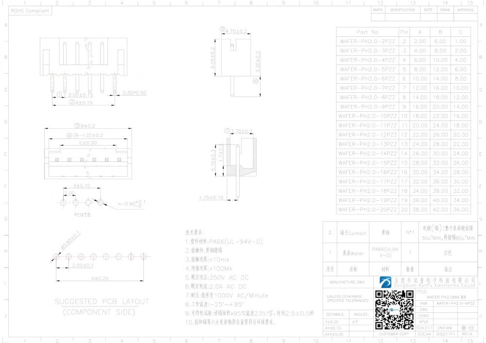 XUNPU WAFER PH2.0 series technical drawing