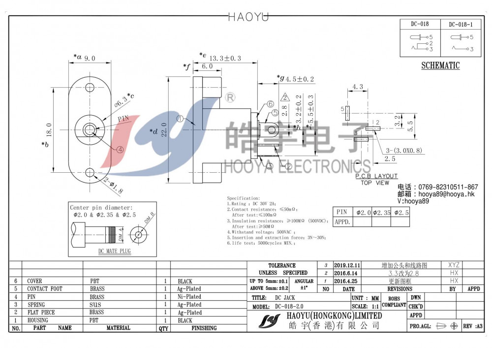 HOOYA DC-018-2.0 technical drawing