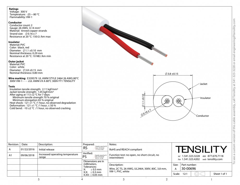 30-00696 product specification drawing and cable details