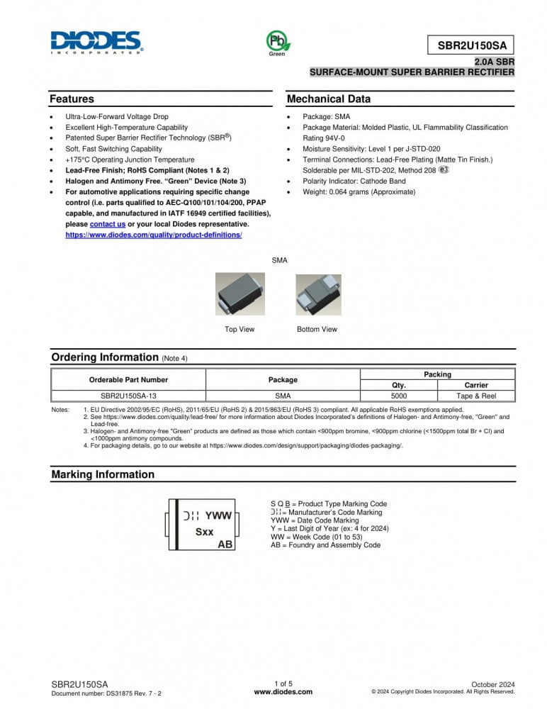 SBR2U150SA-13 datasheet page 1