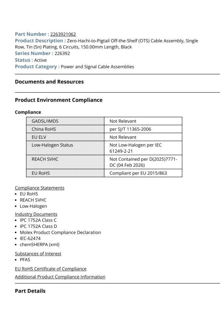 Molex 2263921062 product document, page 1