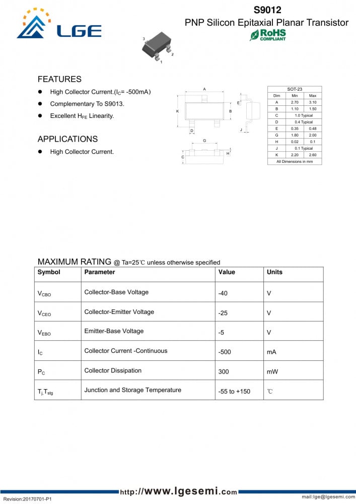 S9012 datasheet page 1