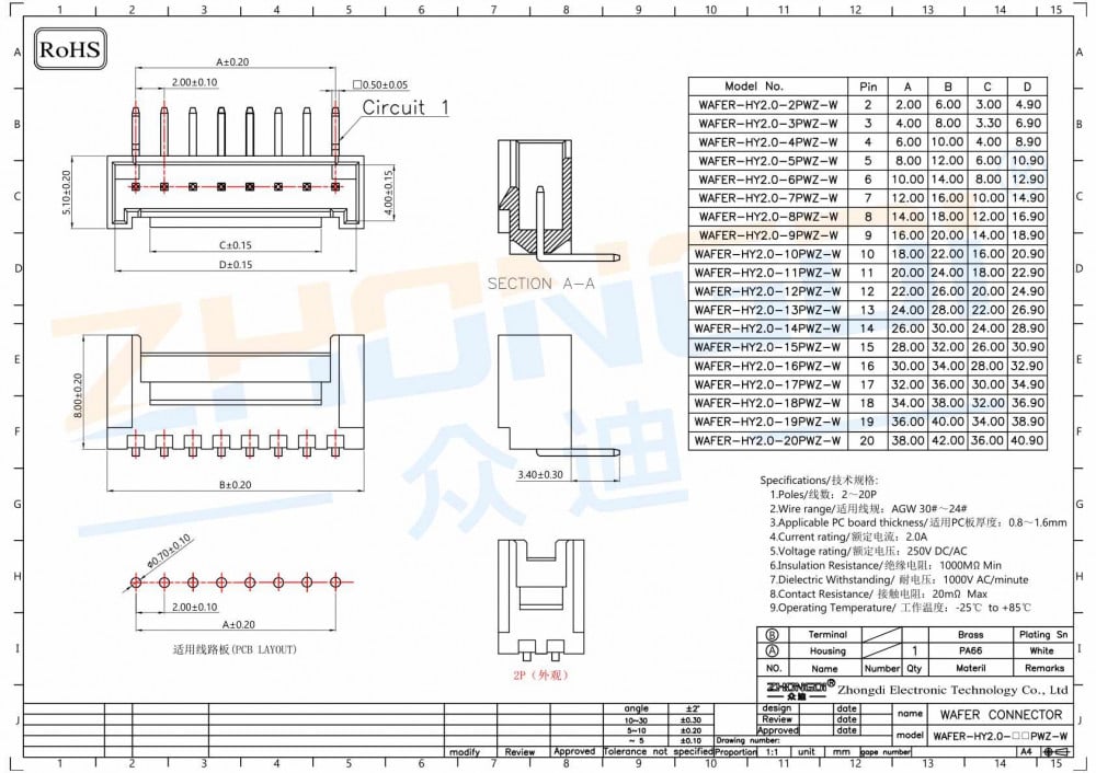 Zhongdi WAFER-HY2.0-4PWZ-W technical drawing