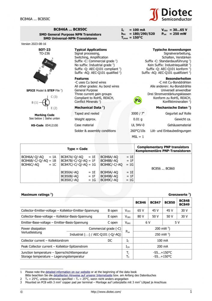 DIOTEC BC848C datasheet page 1