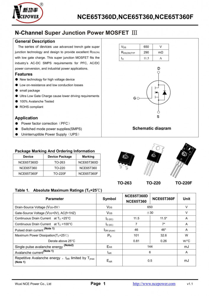 NCE65T360 datasheet page 1