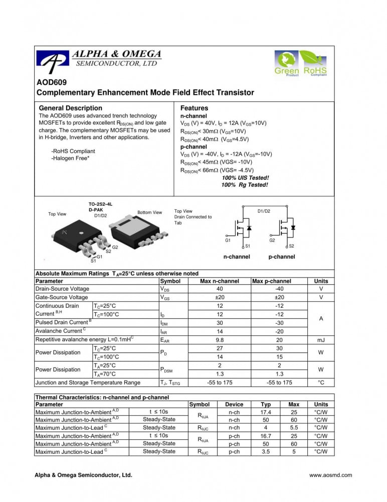 AOD609 datasheet page 1