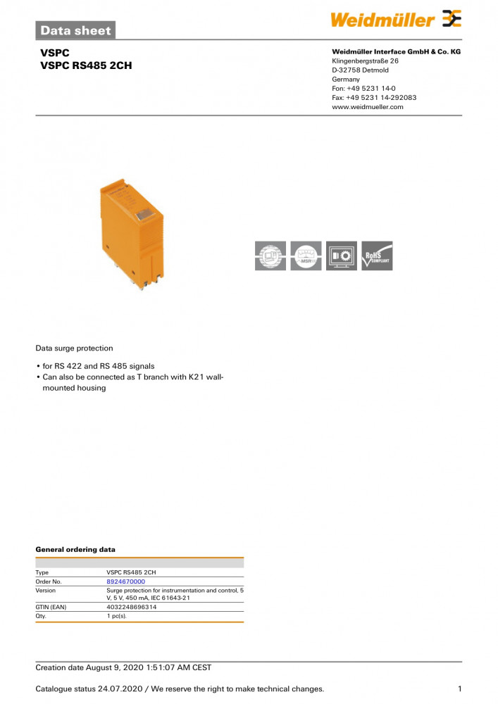 VSPC RS485 2CH documentation preview, page 1