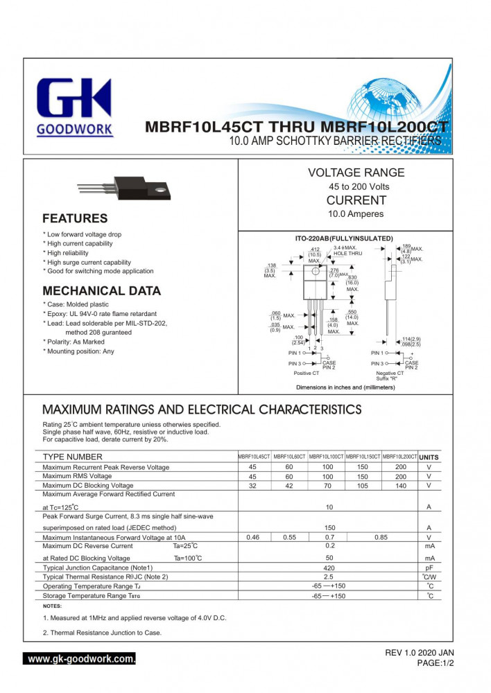 GOODWORK MBRF10L200CT datasheet page 1